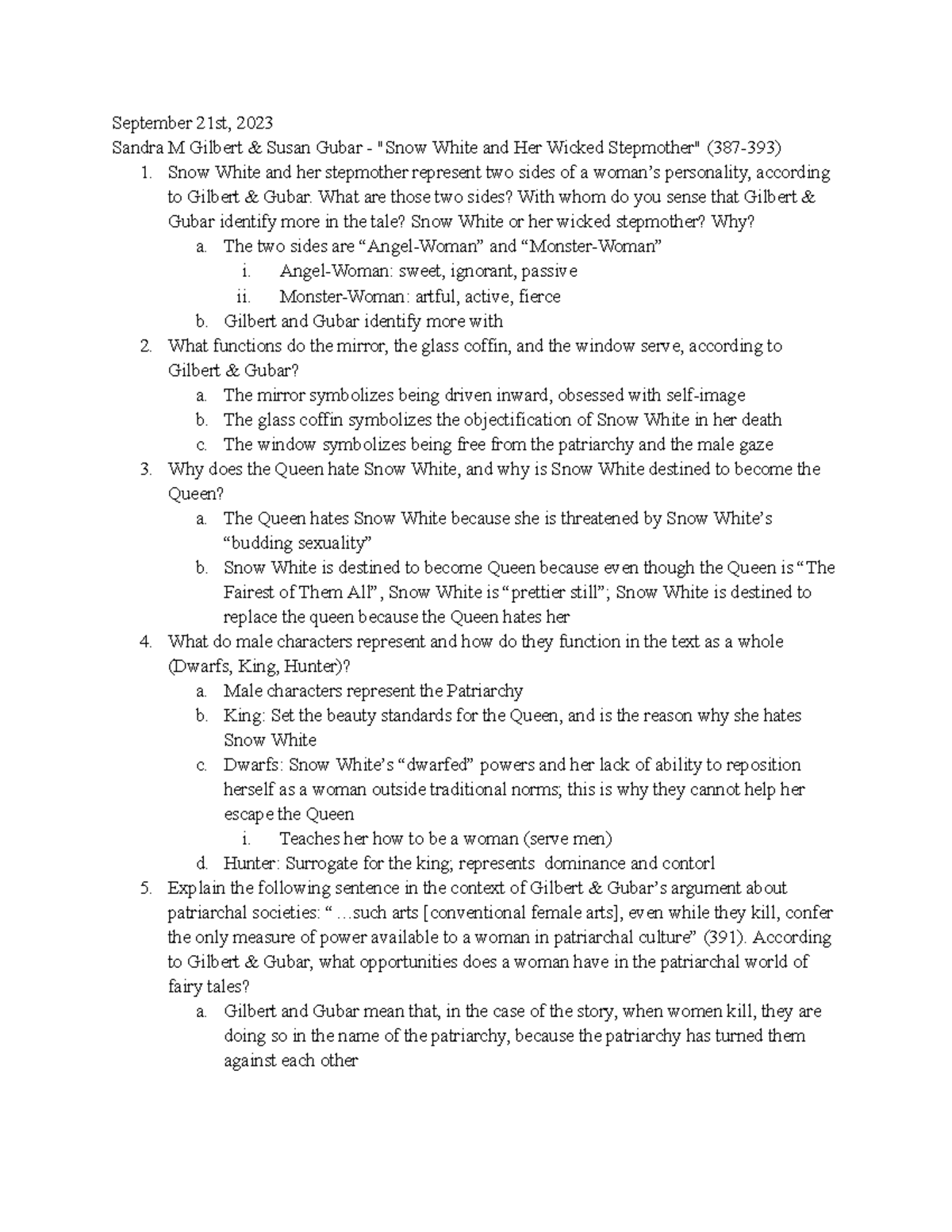 Rec Questions for Week 4: Analyzing Gilbert & Gubar's "Snow White ...