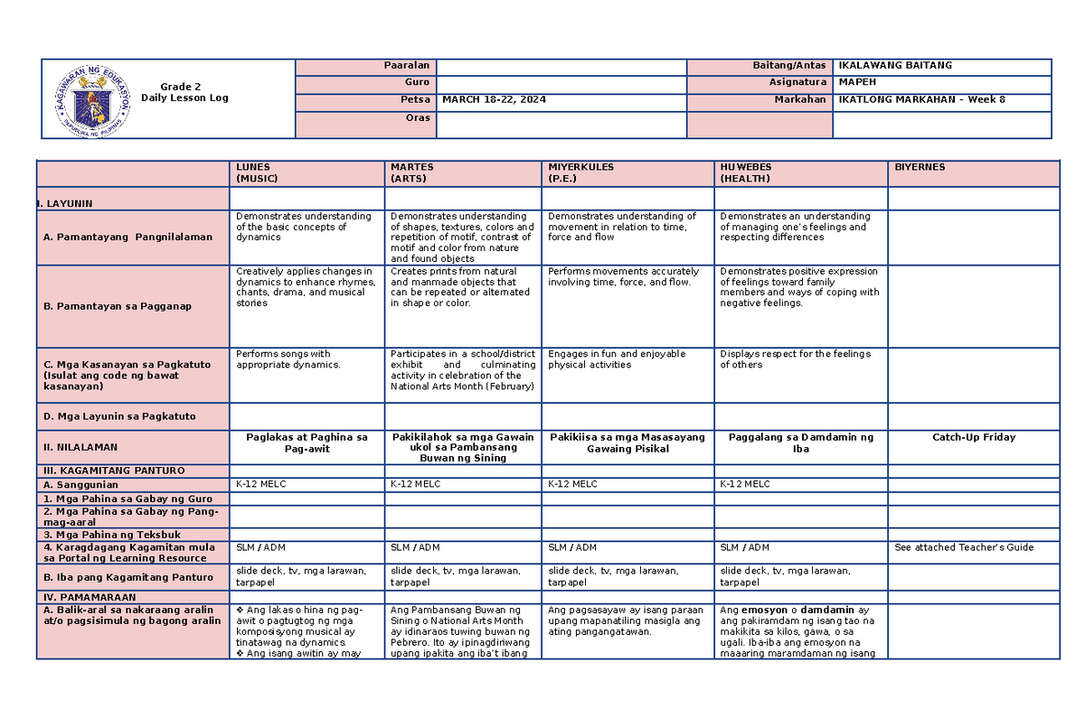 Q3-WEEK 8-DLL-MAPEH 2: Daily Lesson Log for Grade 2 - Studocu