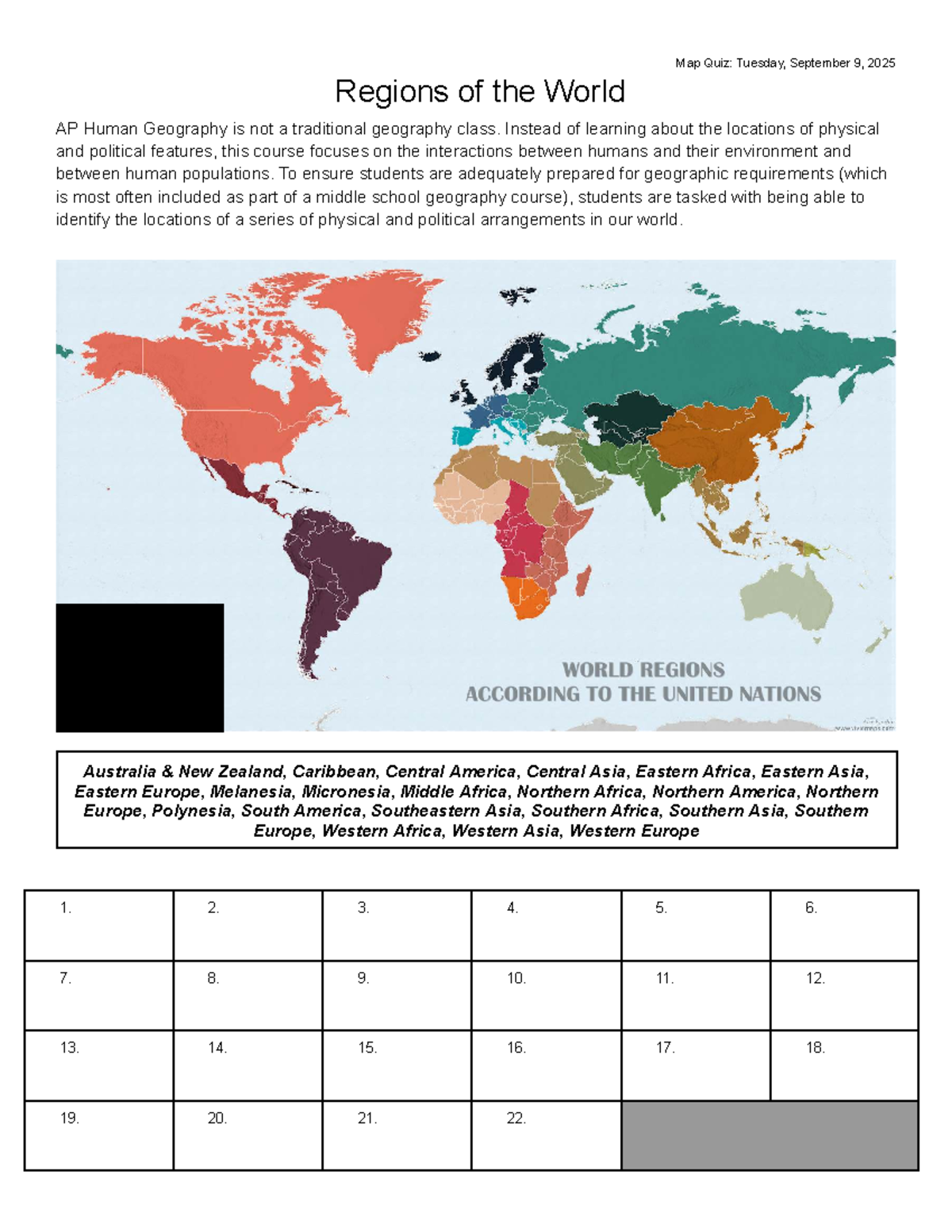 AP Human Geography Quiz: Map of Regions & States - Sept 9, 2025 - Studocu