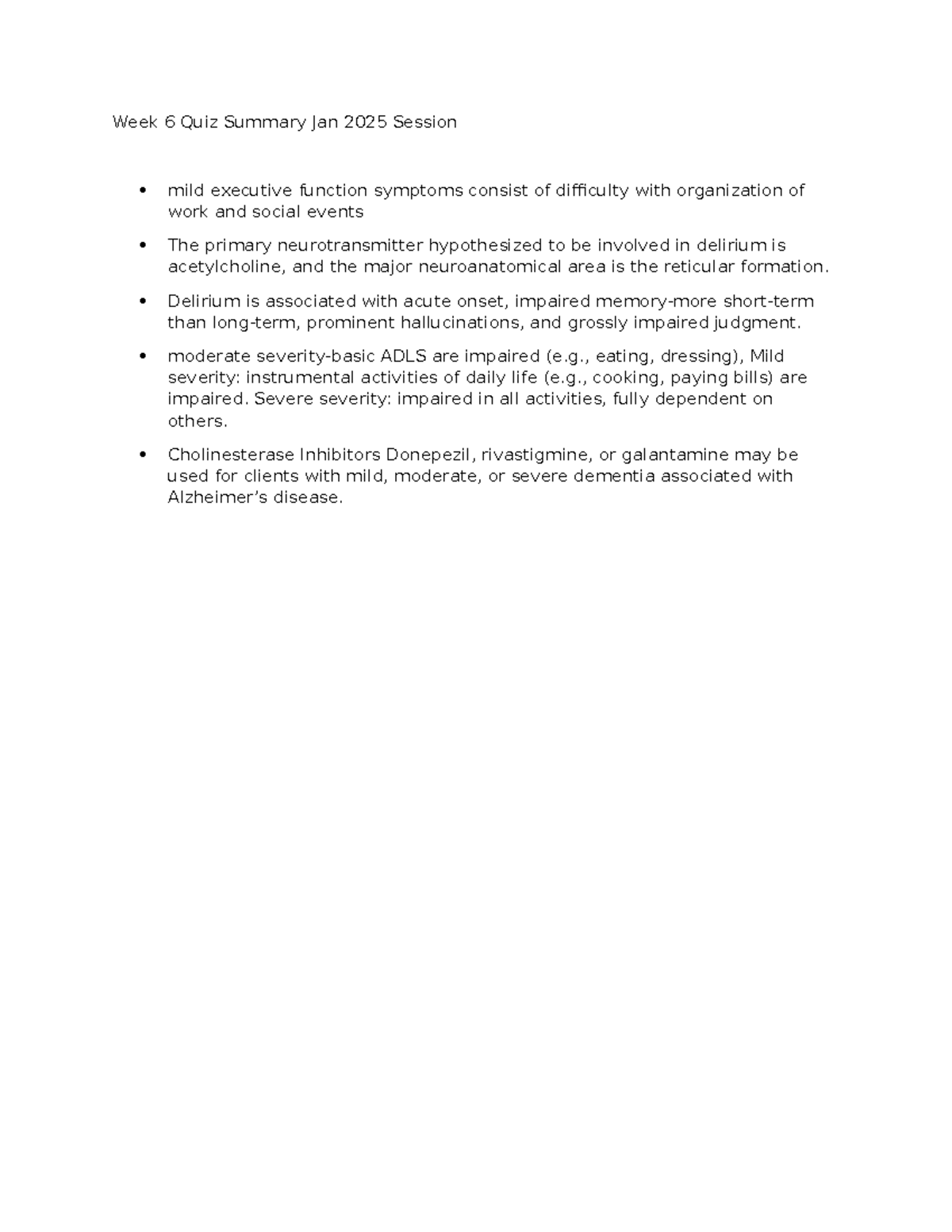 Week 6 Quiz Summary - Executive Function & Delirium Insights - Studocu