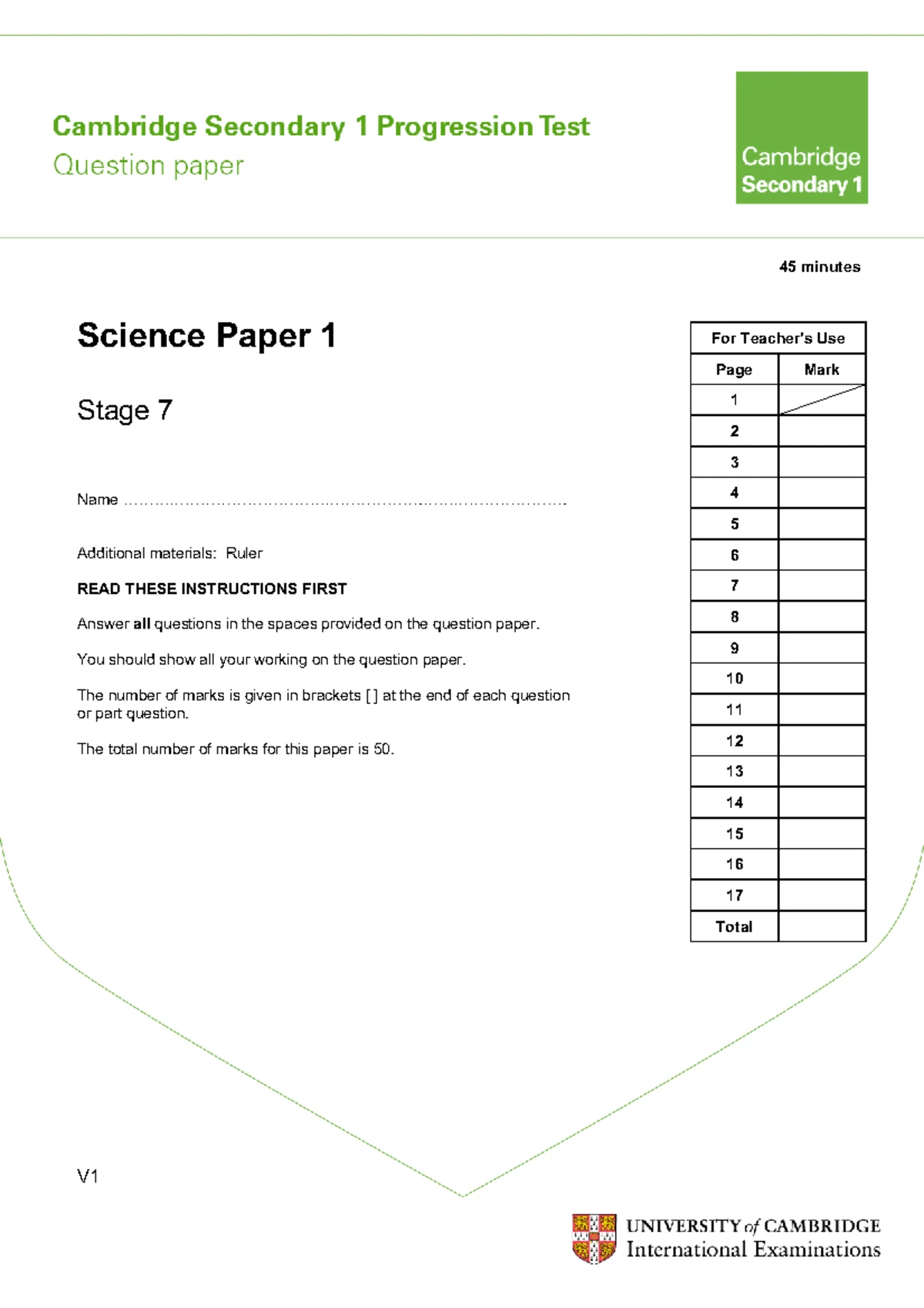 Secondary Progression Test Stage 8 Science Paper 1 - 45 minutes Science ...