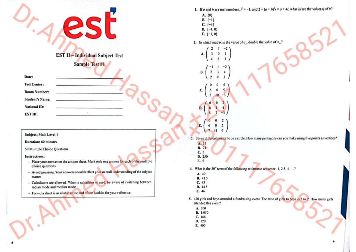 EST II Practice Guide: Math Level 1 Sample Test Questions - Studocu