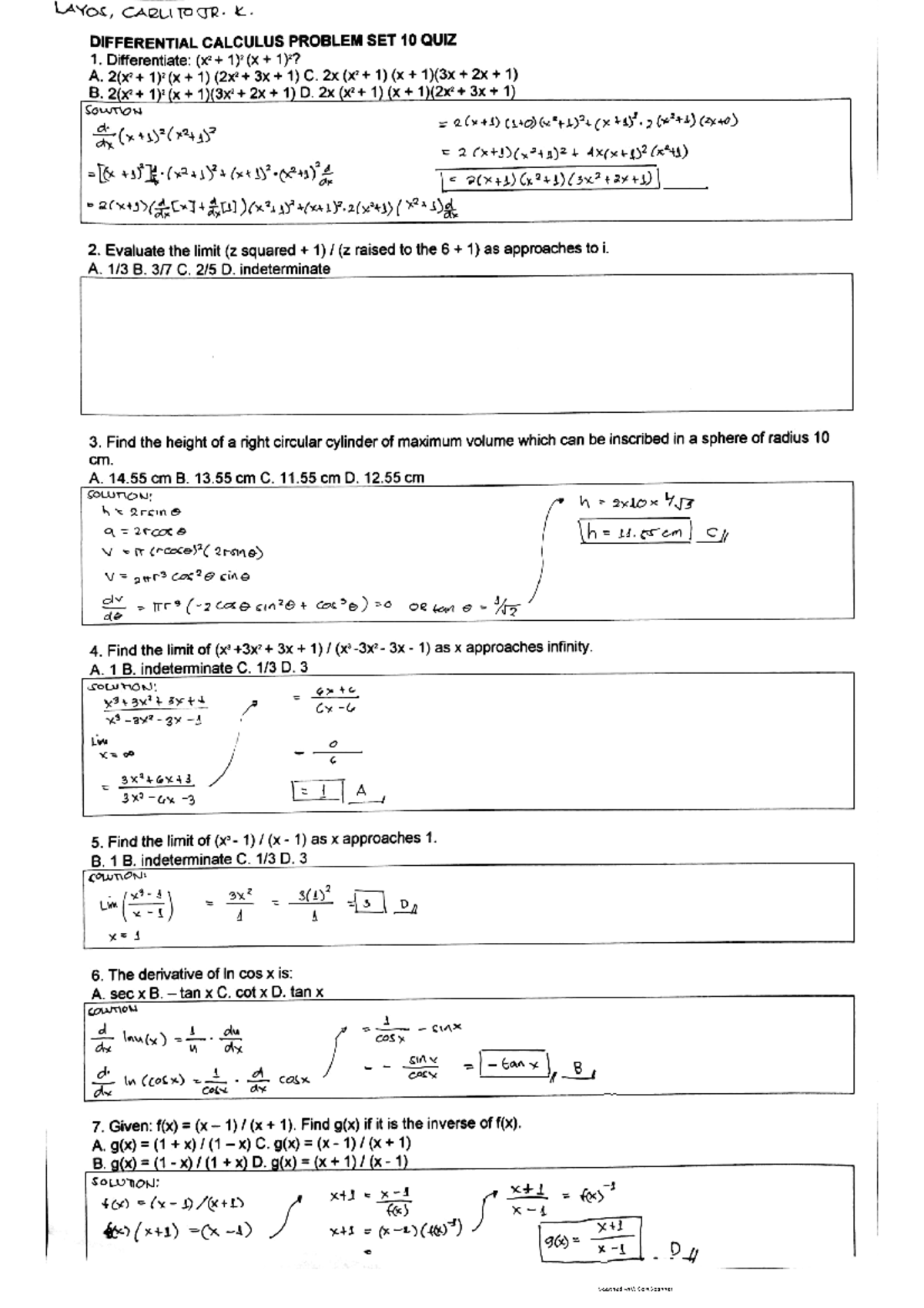 Differential Calculus Problem Set 10 Quiz - BS Electrical Engineering ...