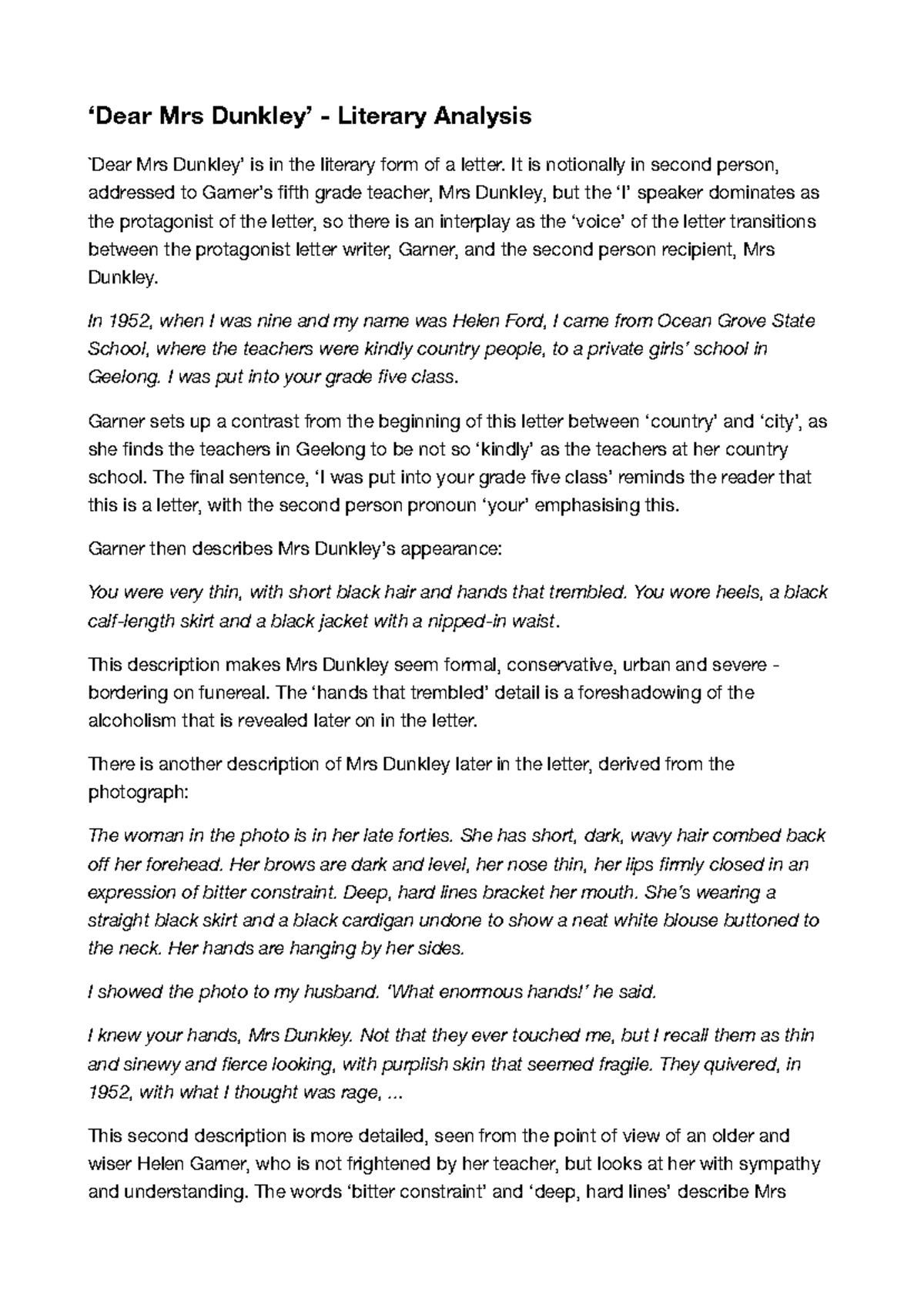 Literary Analysis of ‘Dear Mrs Dunkley’ - Insights from Helen Garner ...