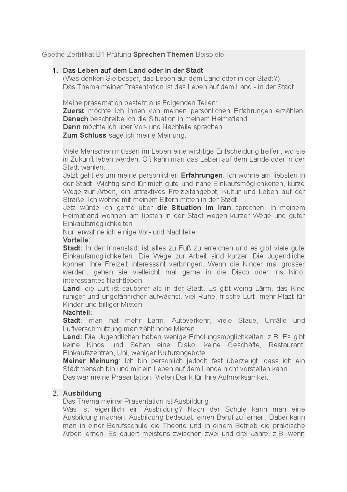 B1 Sprechen Teil 2: Präsentationsthemen und persönliche Erfahrungen ...