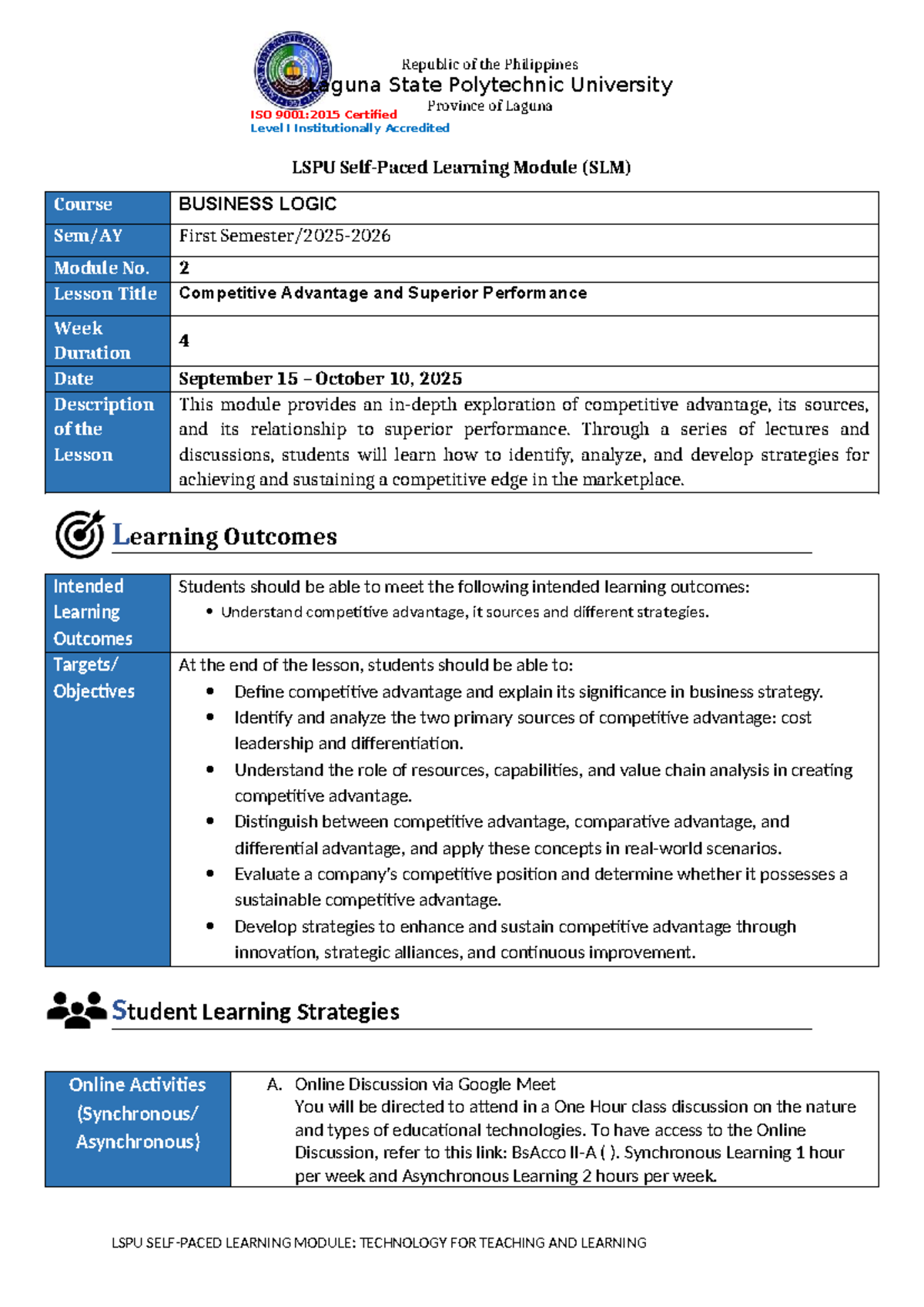 LSPU BUSINESS LOGIC MODULE 2: Competitive Advantage & Performance - Studocu