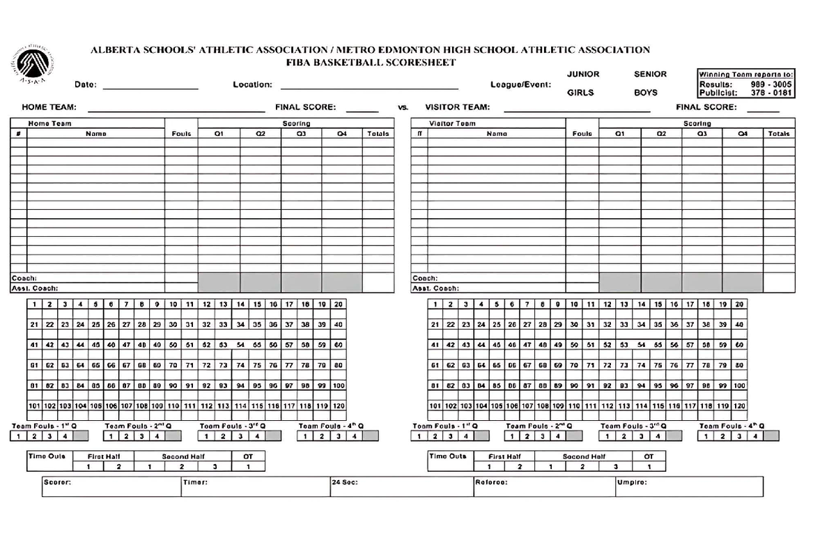 Score Sheet for FIBA Basketball - Junior/Senior (3005) - Studocu