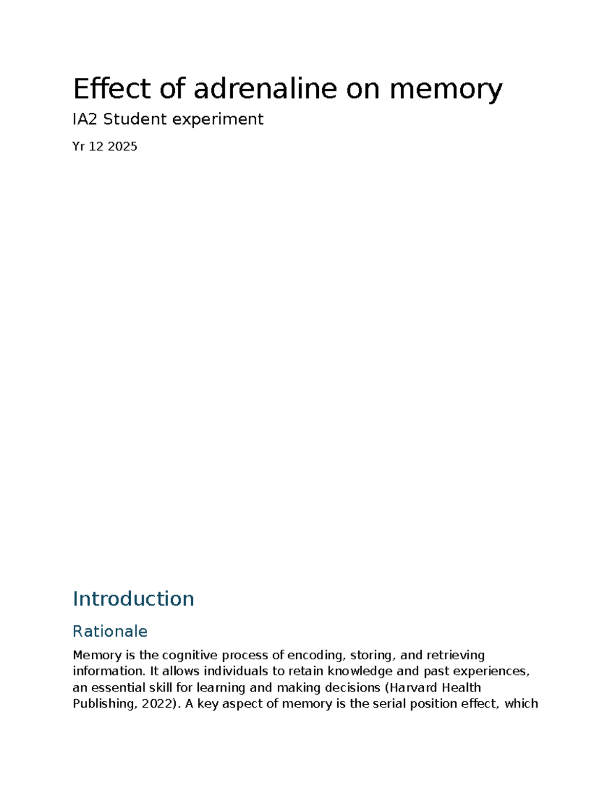 Adrenaline's Impact on Memory Recall: Psychology IA2 Study 2025 - Studocu