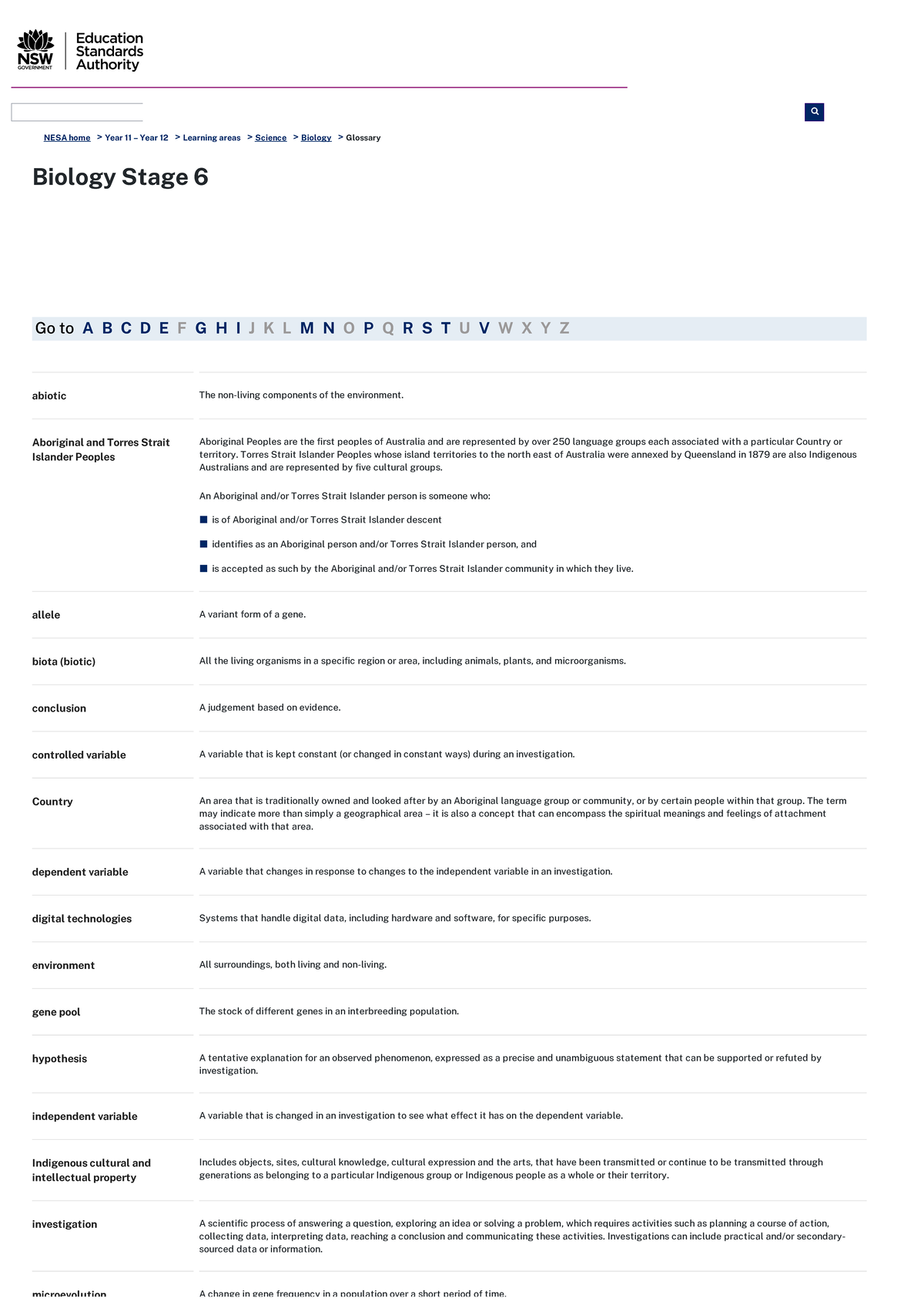 Biology Stage 6 Glossary of Key Terms and Definitions - Studocu