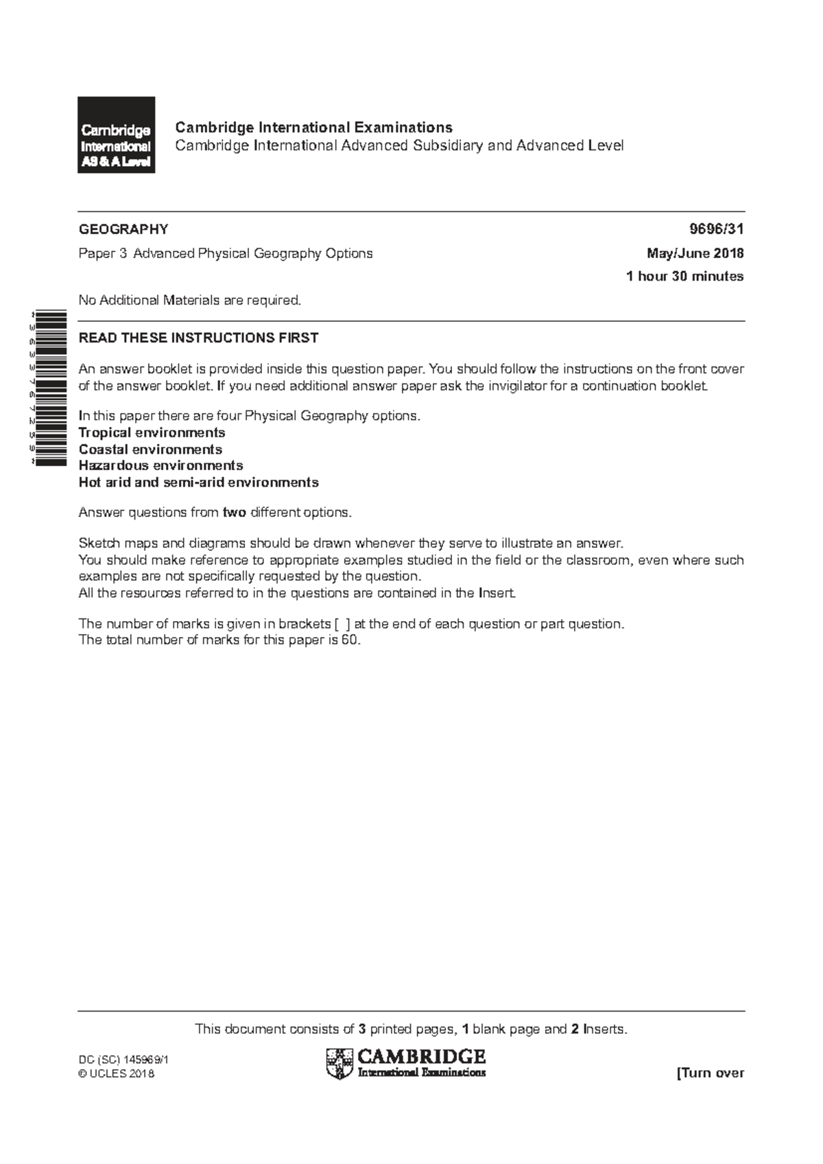 2018 Cambridge International A Level Geography Paper 3 Exam - Studocu