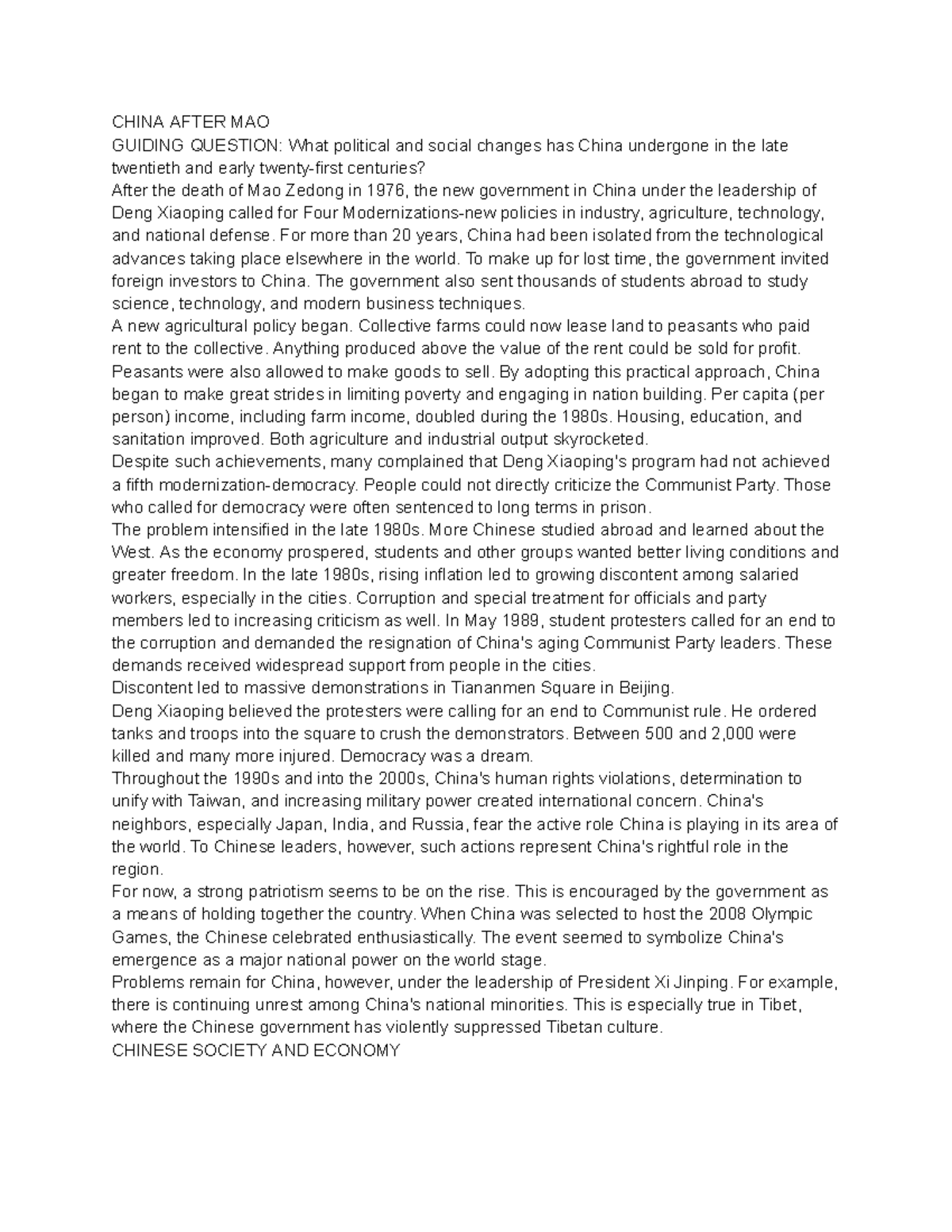 China's Political and Economic Transformation Post-Mao: A Study of ...