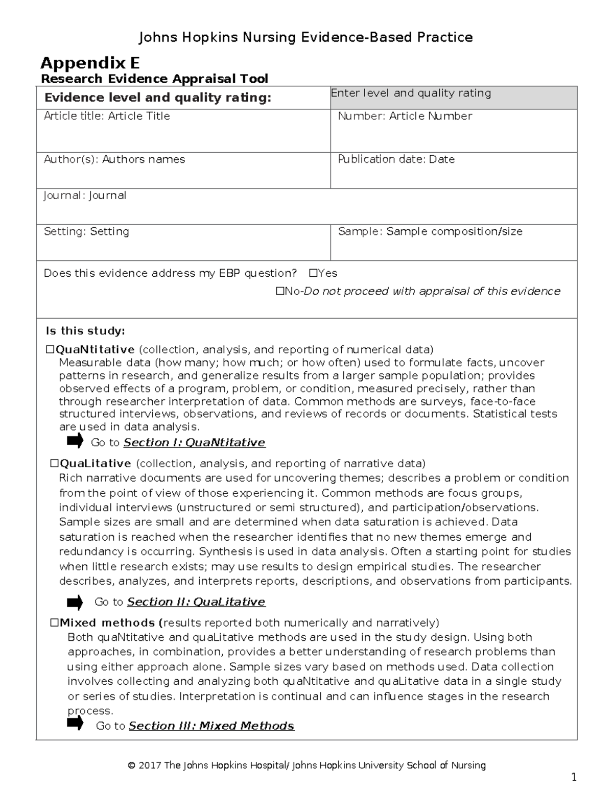 Johns Hopkins Research Evidence Appraisal Tool Guidelines - Studocu