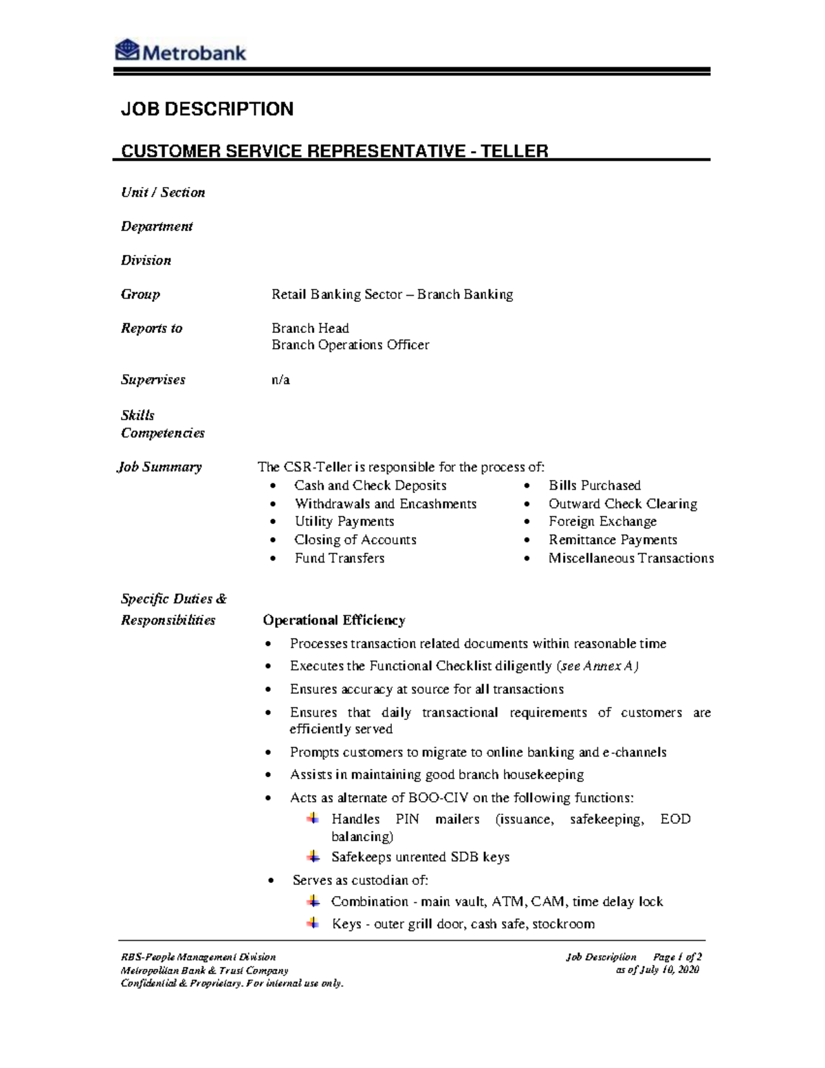 Teller'S JOB Description - JOB DESCRIPTION CUSTOMER SERVICE ...