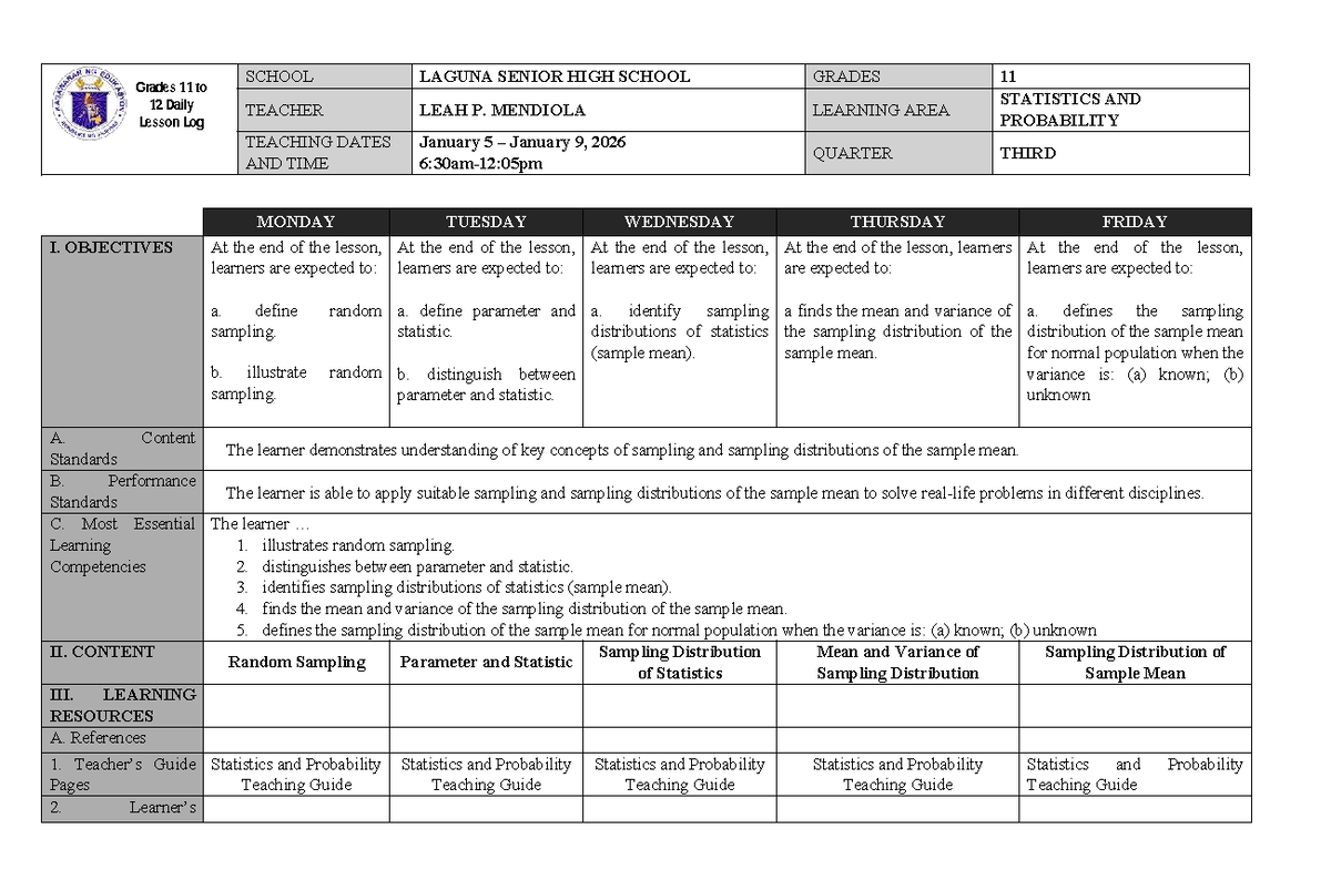 DLL Week 5: Statistics and Probability Lesson Plan - Studocu
