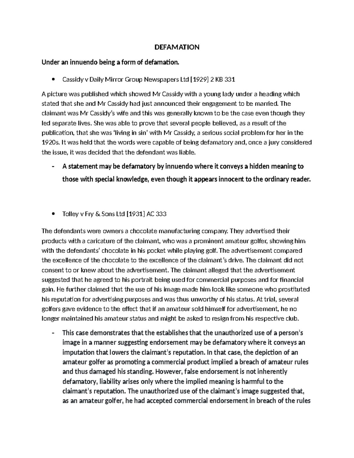 Defamation Cases: Analyzing Innuendo and Liability in Law - Studocu