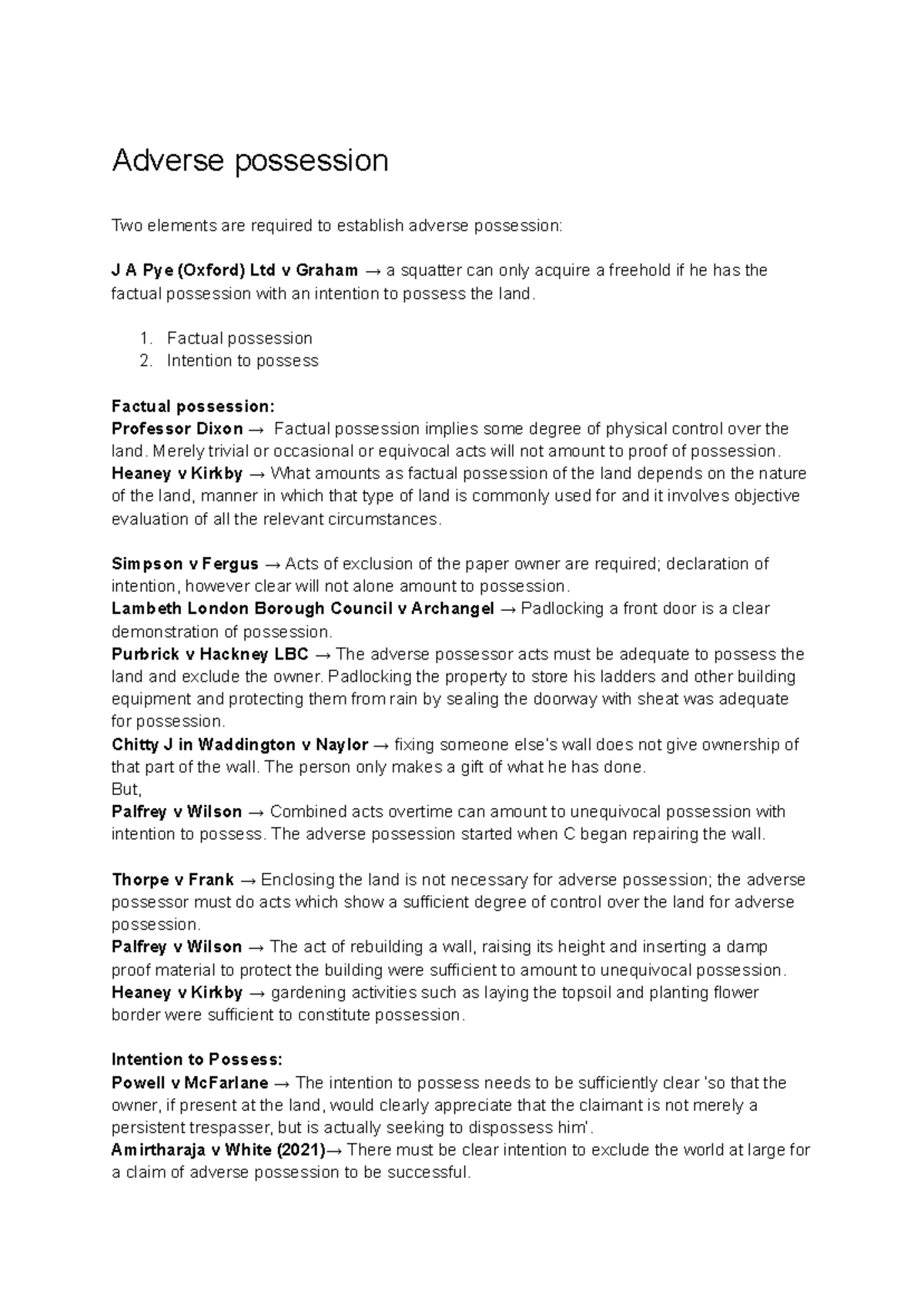 Adverse Possession Law Notes - Summary and Key Cases Analysis - Studocu