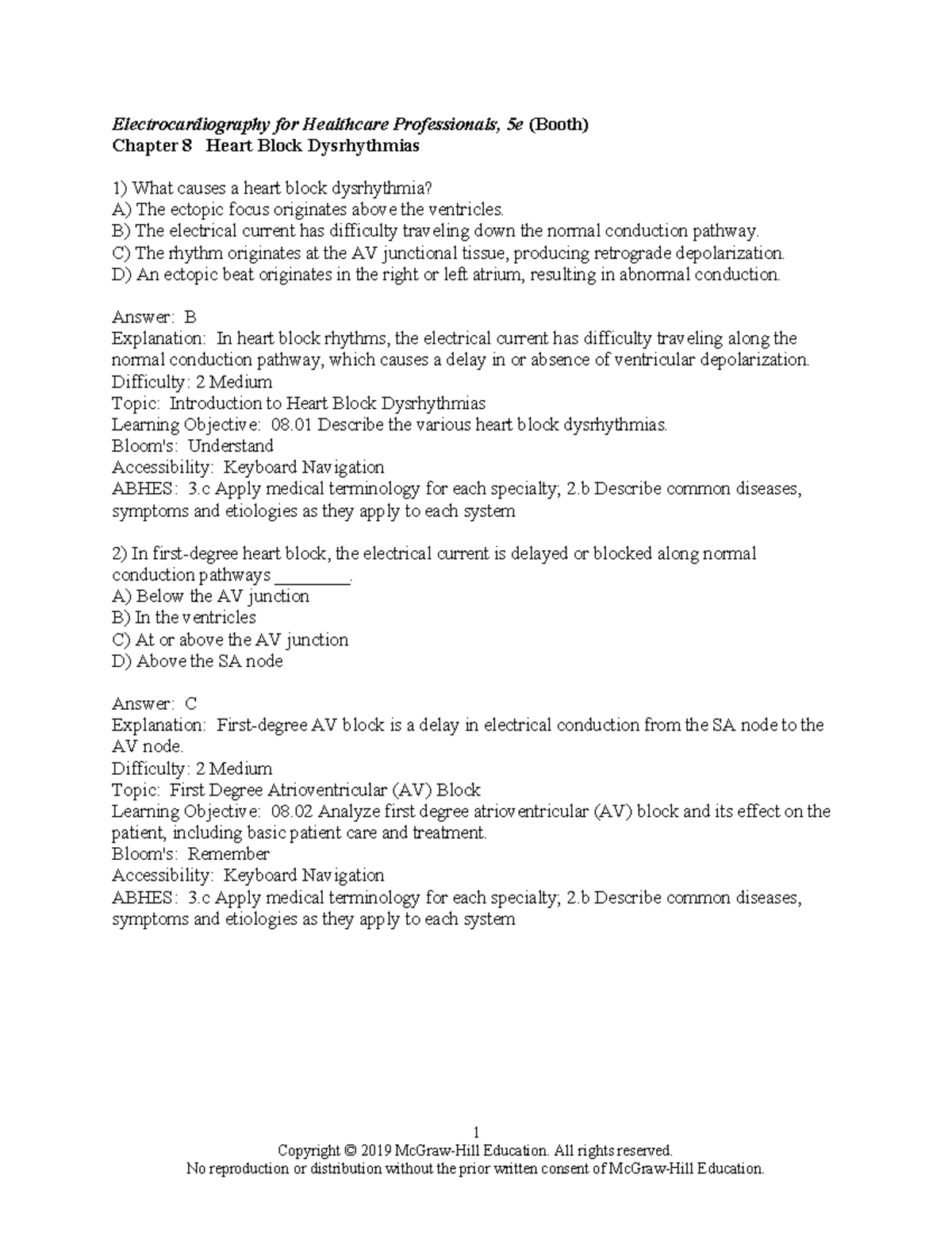 Electrocardiography 5e: Booth Chapter 08 Answer Key on Heart Block ...