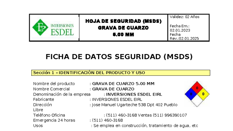 MSDS-17: Hoja de Seguridad para Grava de Cuarzo 5.00 MM - Studocu