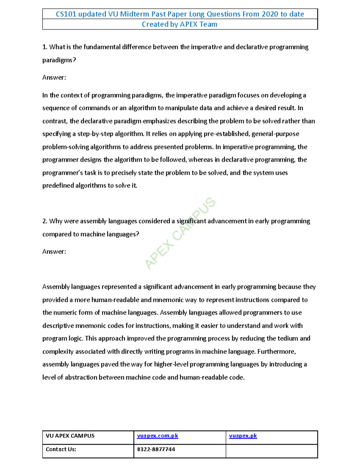 CS101 Subjective Papers 2020 TO 2025 Part 14 - CS101 updated VU Midterm Past Paper Long ...