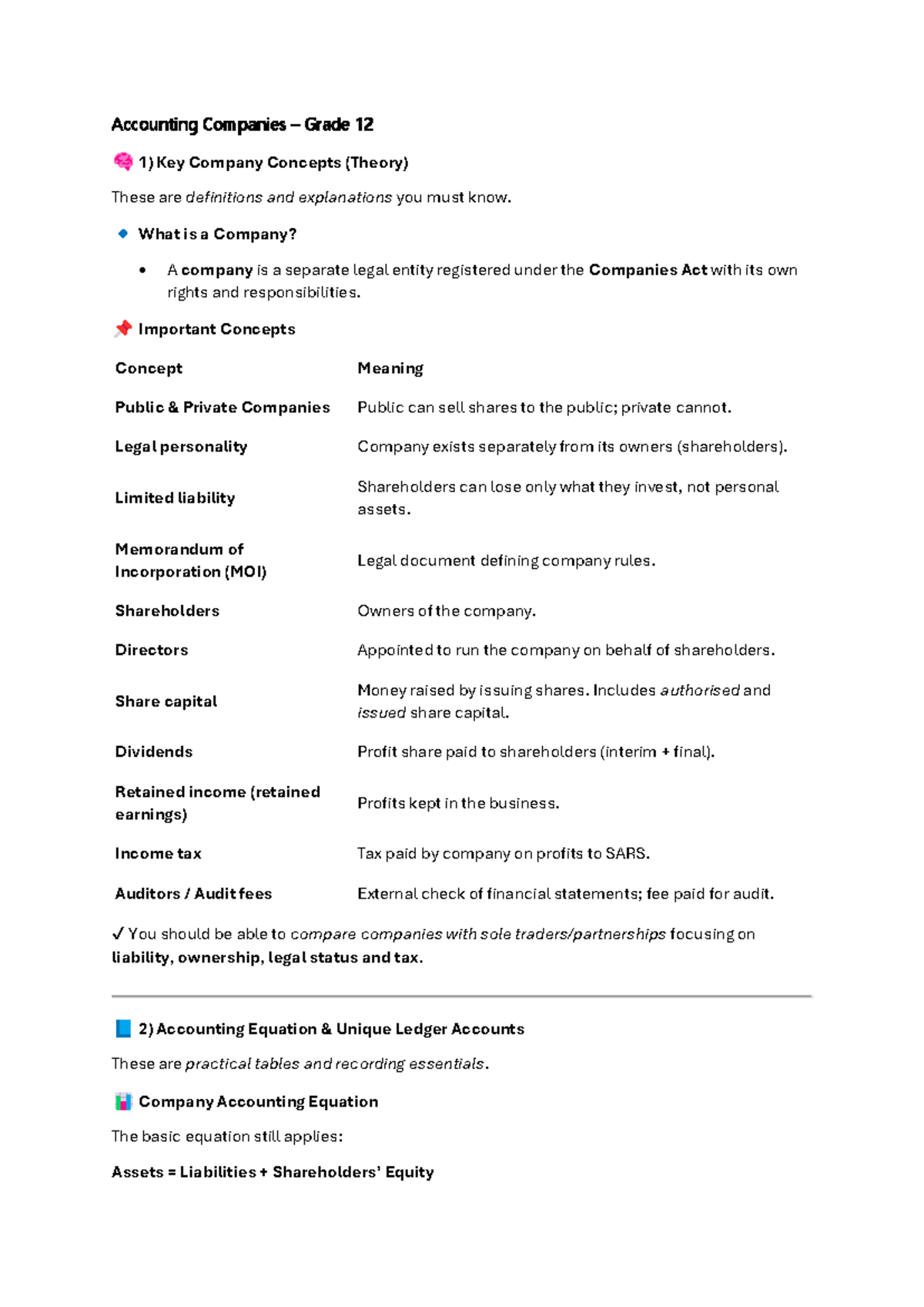 Grade 12 Accounting: Key Company Concepts & Financial Statements - Studocu