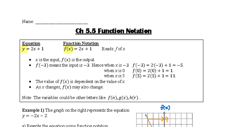 002-Ch 5 Guided Notes: Understanding Function Notation - Studocu