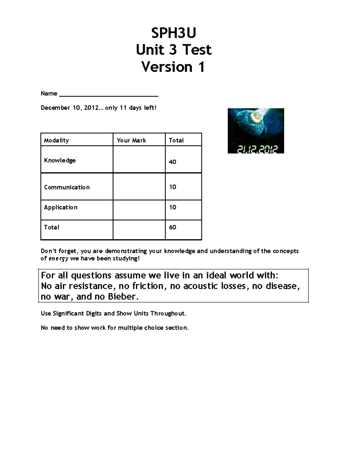SPH3U Energy Unit Test - Comprehensive Review and Practice - Studocu