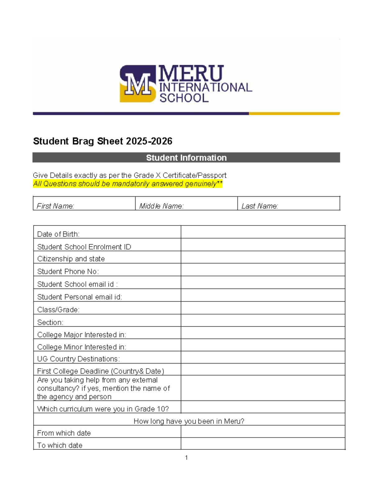 Student Brag Sheet for Grade X - 2025-2026 - Studocu