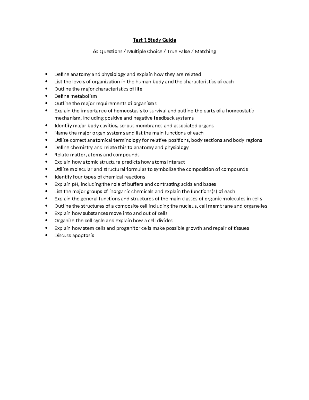Test 1 Study Guide: Anatomy & Physiology Concepts and Key Topics - Studocu