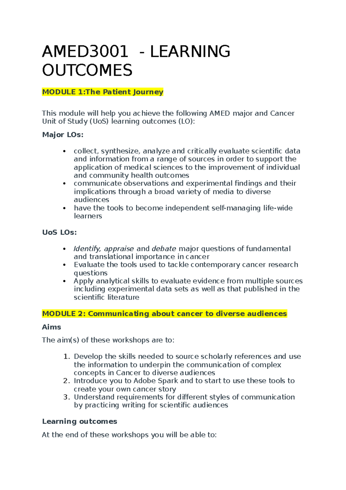 Module Learning Objectives - AMED3001 - LEARNING OUTCOMES MODULE 1:The ...