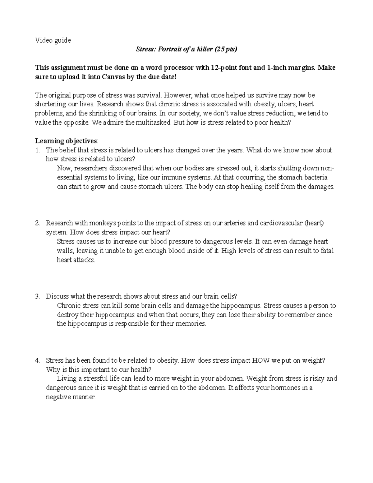 PSYC-101.Stress killer - Video guide Stress: Portrait of a killer (25 ...