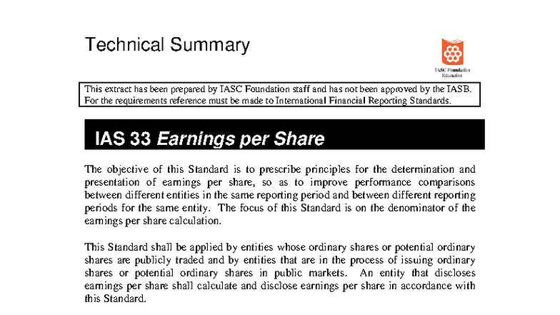IAS 33 Earnings Per Share: Technical Summary and Key Principles - Studocu