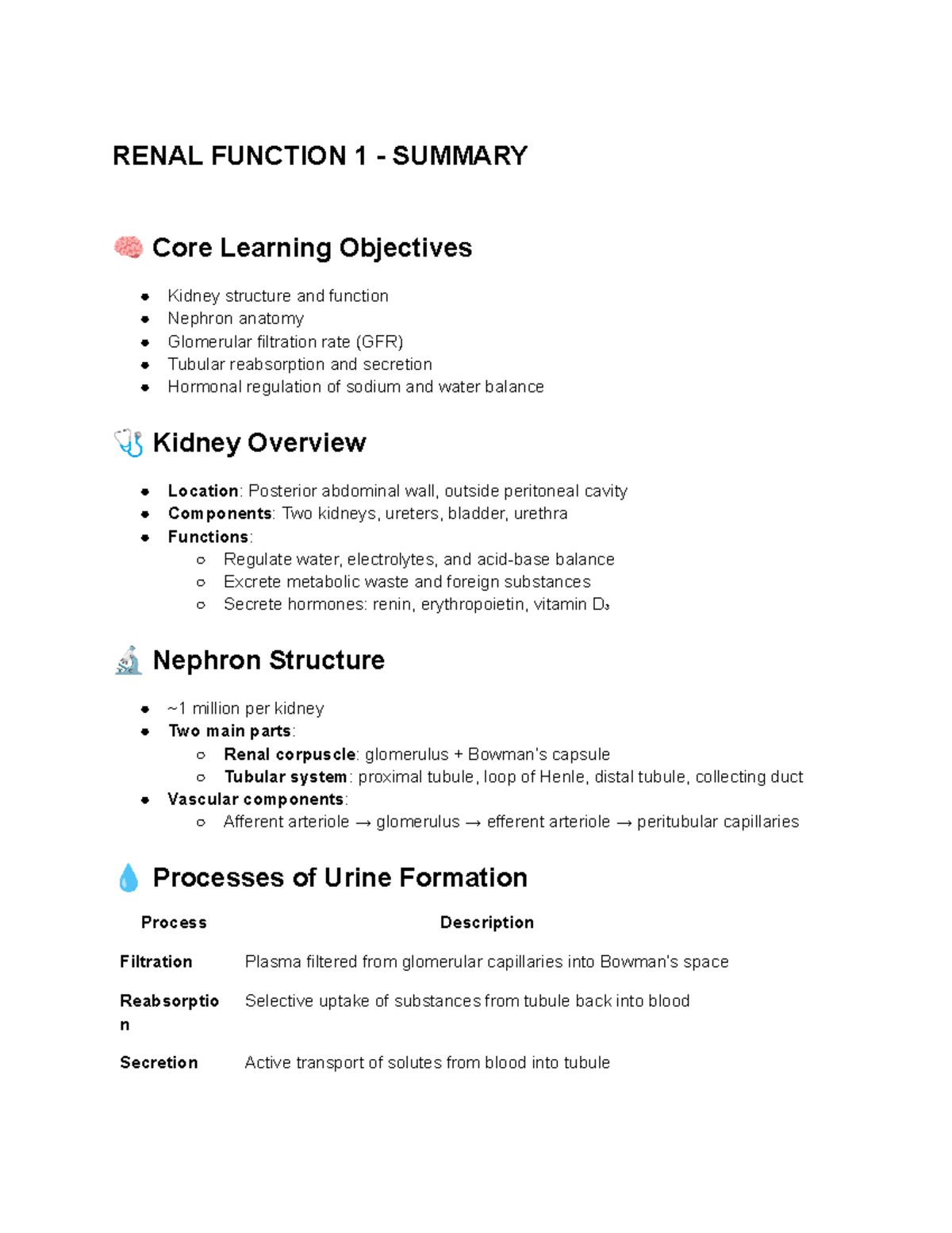 RENAL FUNCTION 1: Summary of Kidney Structure & Processes - Studocu