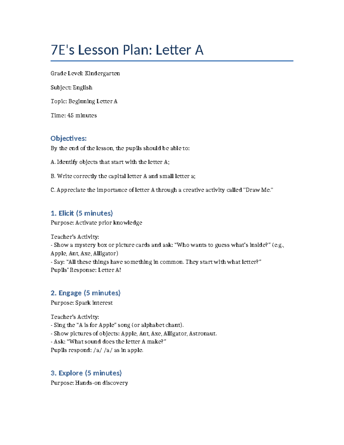 7Es Lesson Plan: Letter A for Kindergarten English - Studocu