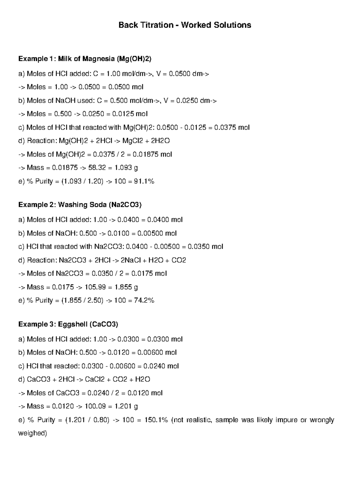 Back Titration Worked Solutions: Examples of Mg(OH)2, Na2CO3, CaCO3 ...