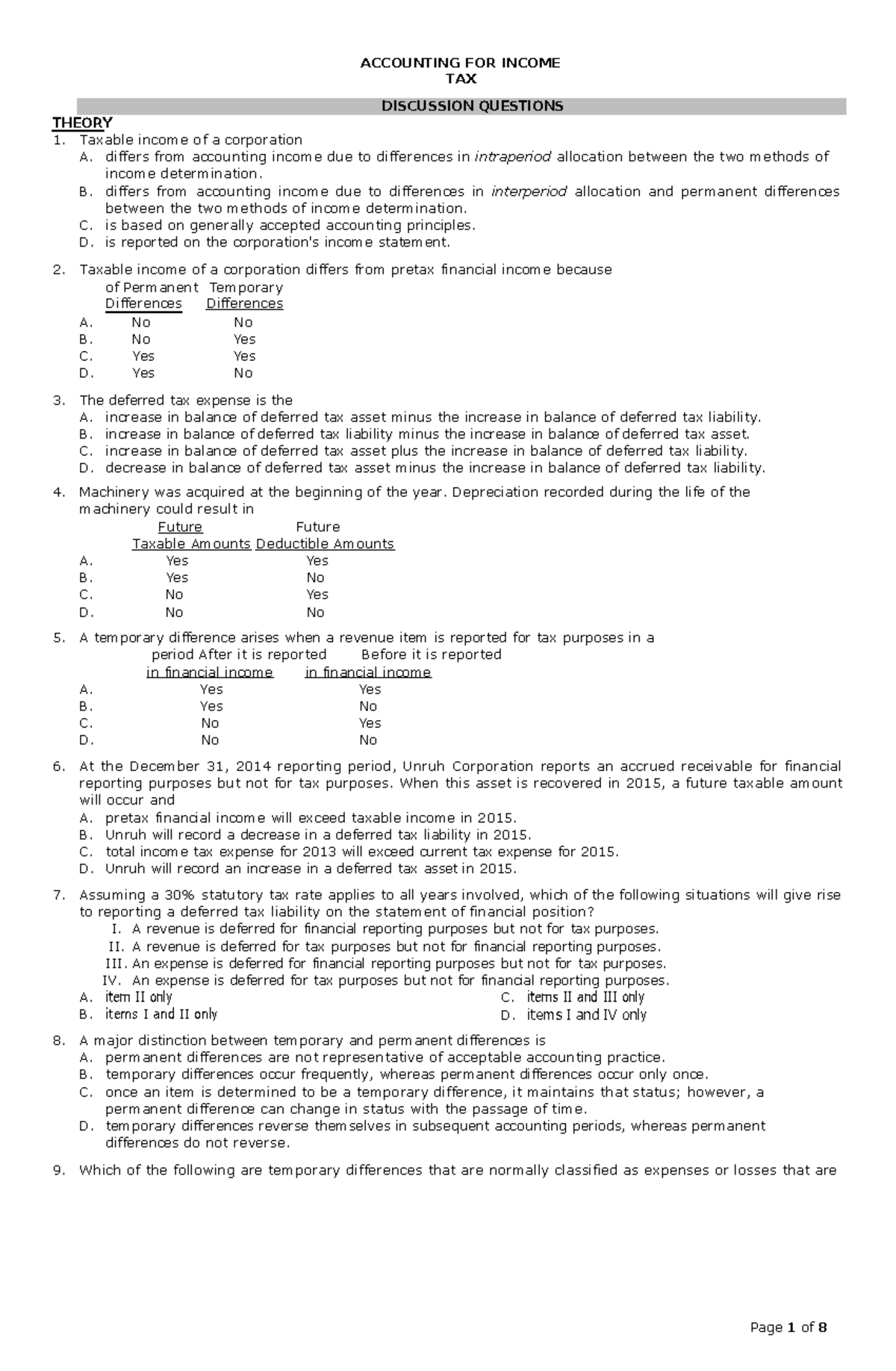 Deferred Income Tax Practice Questions and Solutions - Studocu