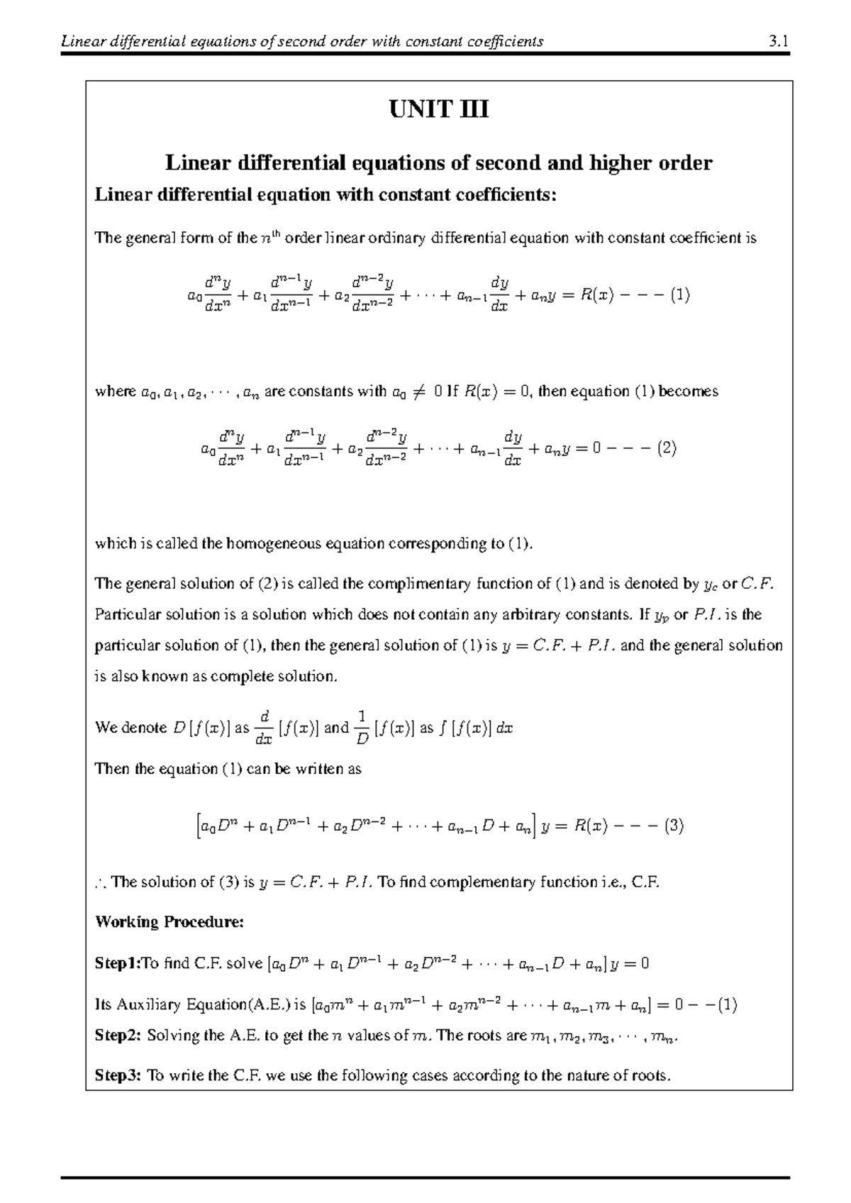 Unit III: Linear Differential Equations - Constant Coefficients (21MAB101T) - Studocu