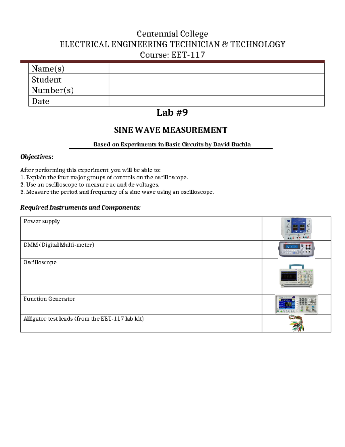 EET-117 Lab 9: Sine Wave Measurement and Oscilloscope Use 23W - Studocu