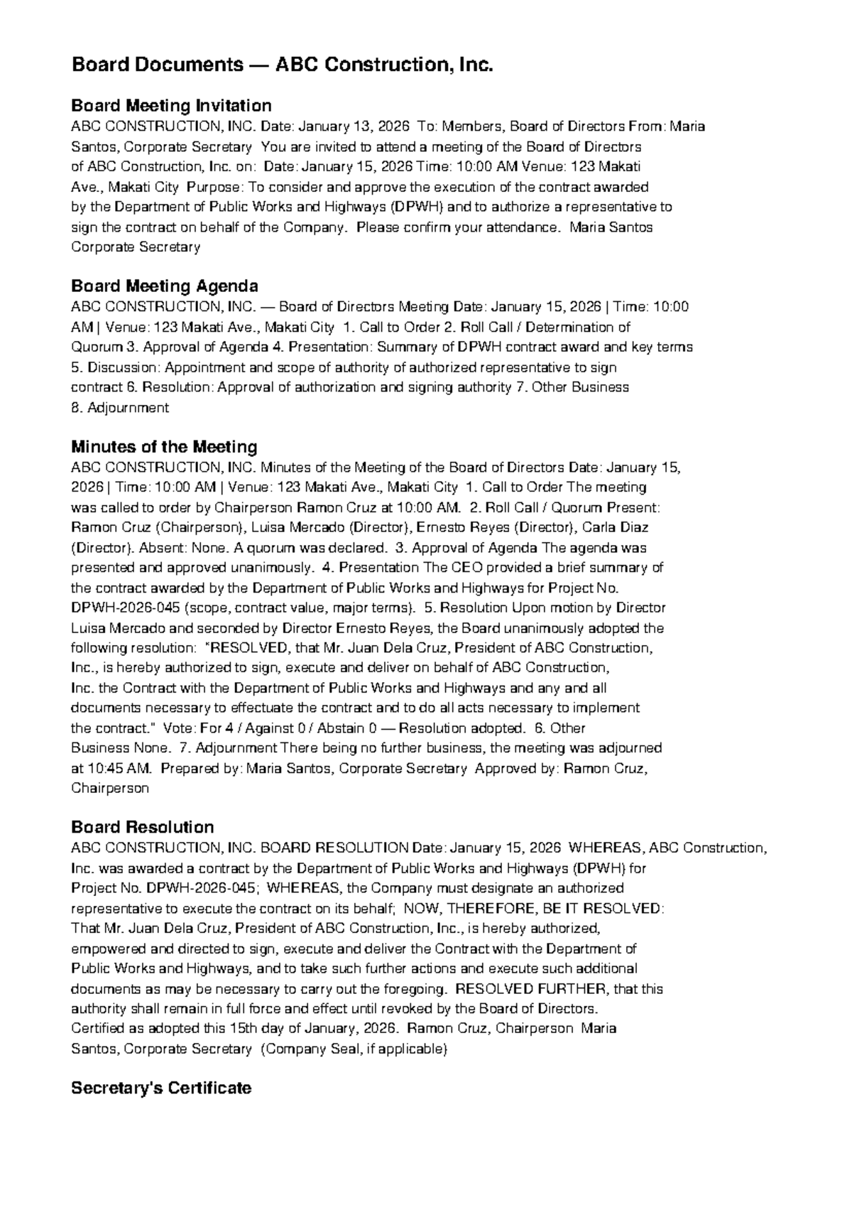 ABC CONSTRUCTION, INC. Board Meeting Minutes & Resolution - Jan 15 ...