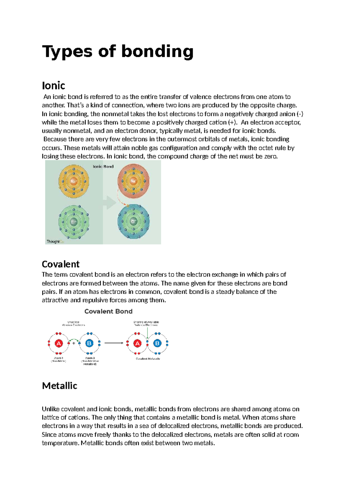 Types of Bonding: Ionic, Covalent, and Metallic - Prac Notes - Studocu
