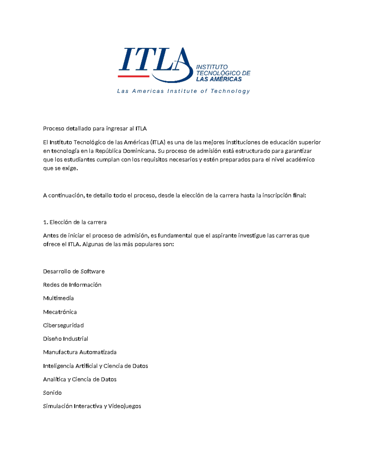 Guía Completa del Proceso de Admisión al ITLA: Requisitos y Pasos - Studocu