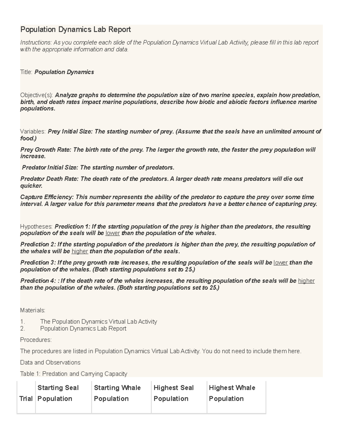 Population Dynamics Lab Report - Population Dynamics Lab Report Instructions: As you complete ...