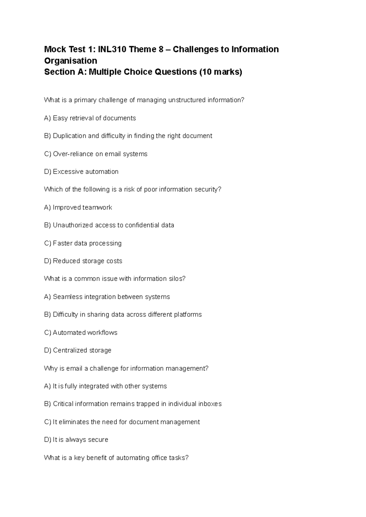 Mock Test 1 & 2: INL310 Themes 7 & 8 Challenges in Info Org & BCP - Studocu