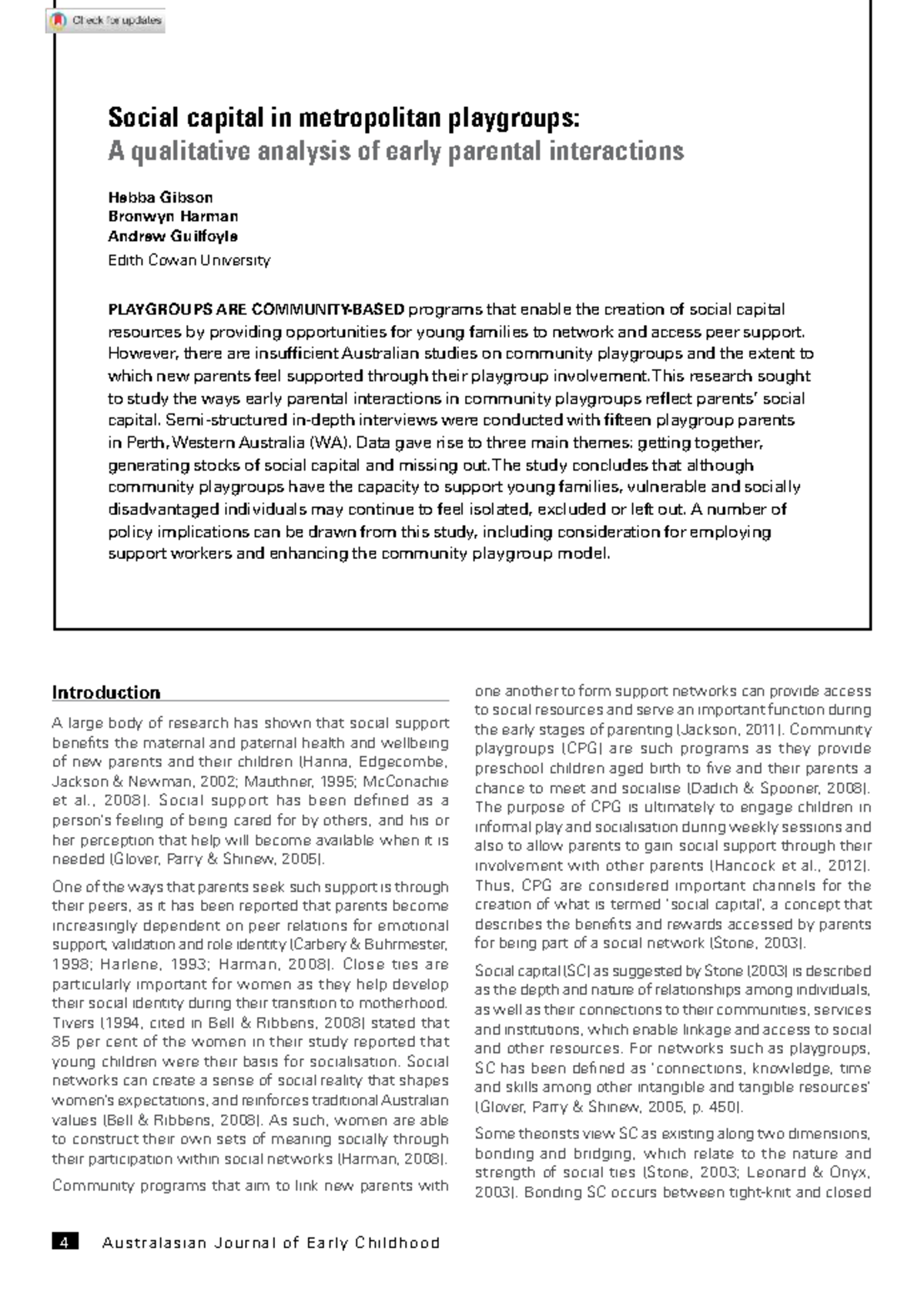 Gibson et al. 2015: Social Capital in Metropolitan Playgroups - A ...