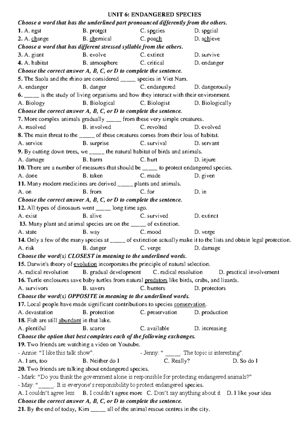 UNIT 6: ENDANGERED SPECIES - Vocabulary and Grammar Practice - Studocu