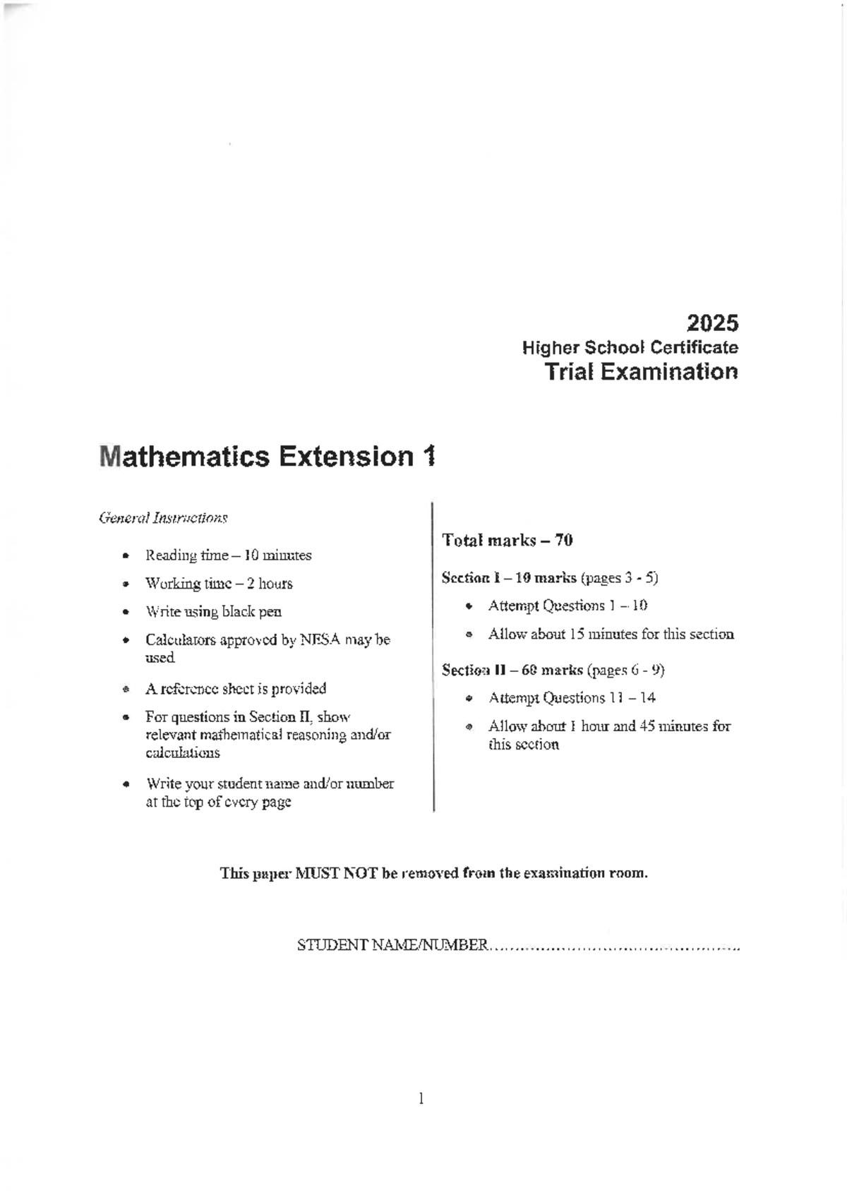 2025 HSC Trial Exam Mathematics Extension 1 General Instructions - Studocu