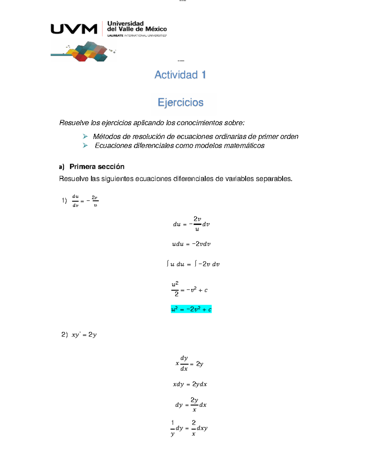 Actividad 1: Ejercicios de Ecuaciones Diferenciales (A1 ATV) - Studocu