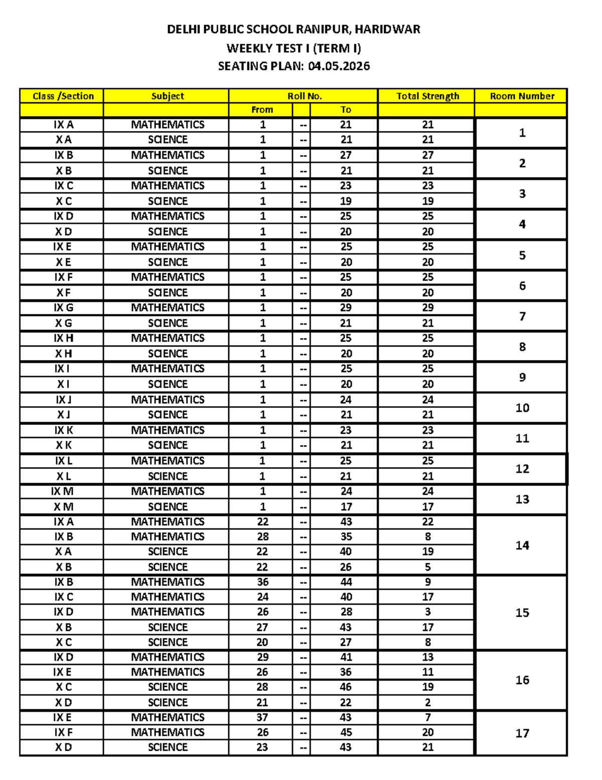 DPS RANIPUR WEEKLY TEST I (TERM I) SEATING PLAN - 04.05.2026 - Studocu