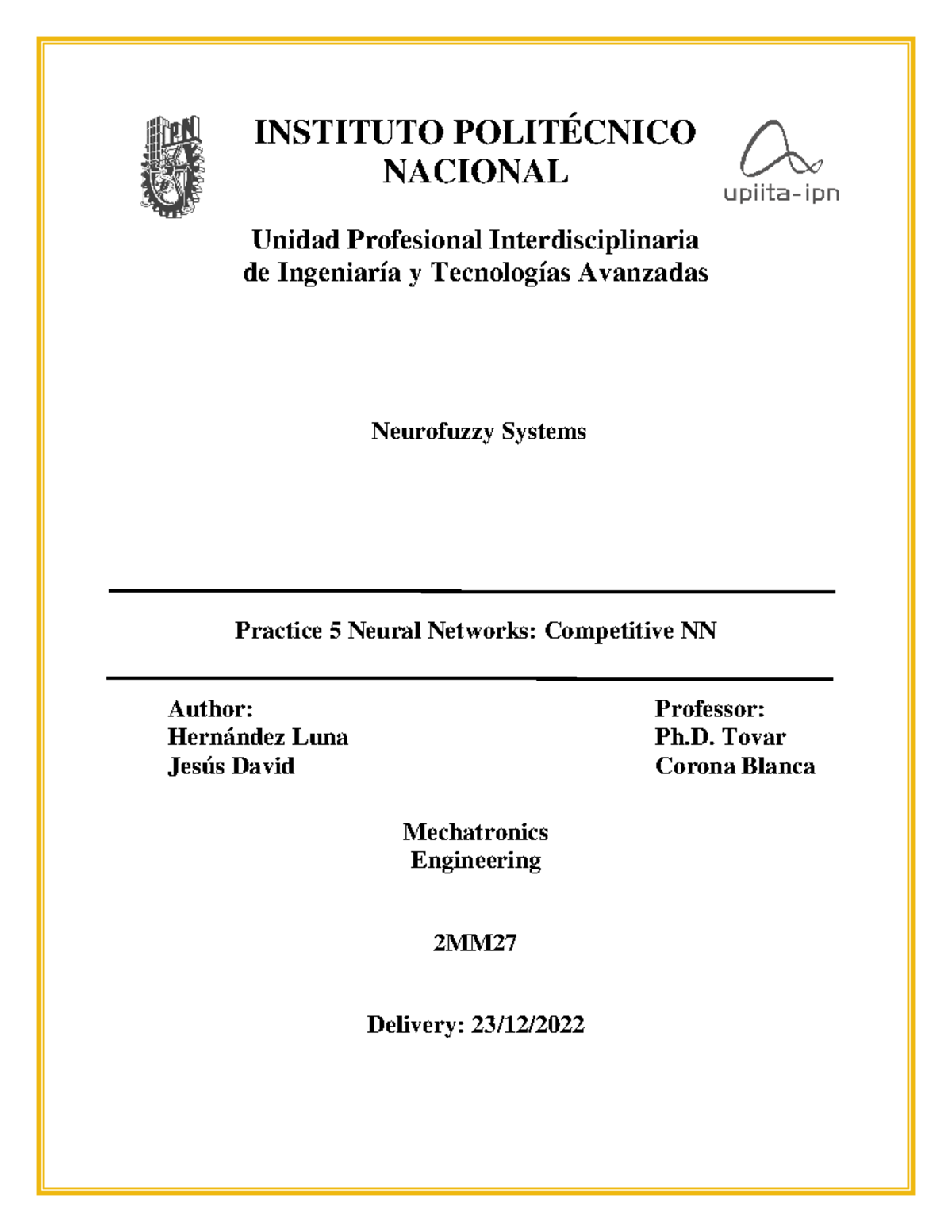 Practice 5: Competitive Neural Networks in NN Neurofuzzy Systems - Studocu