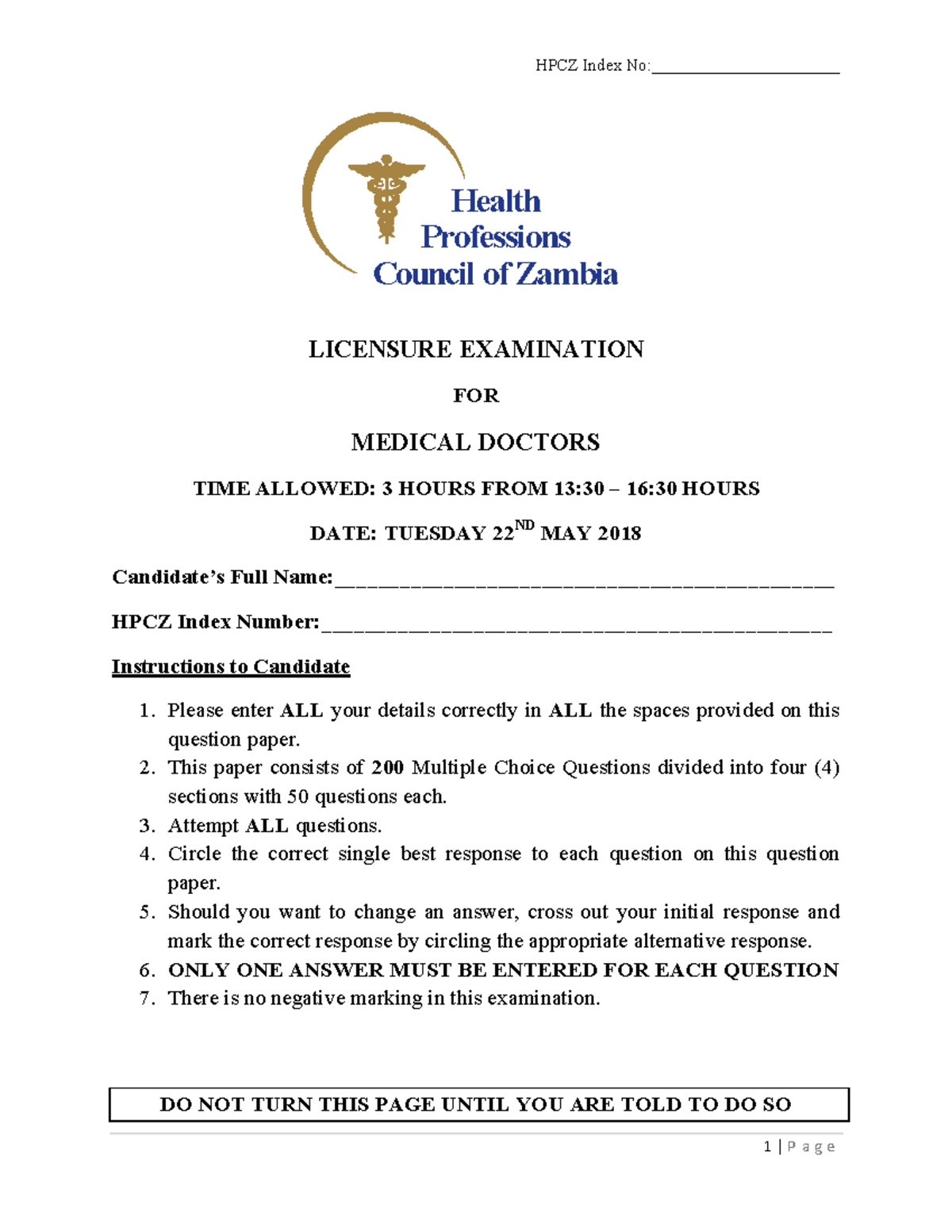 HPCZ Licensure Exam for Medical Doctors - 2018 - Studocu