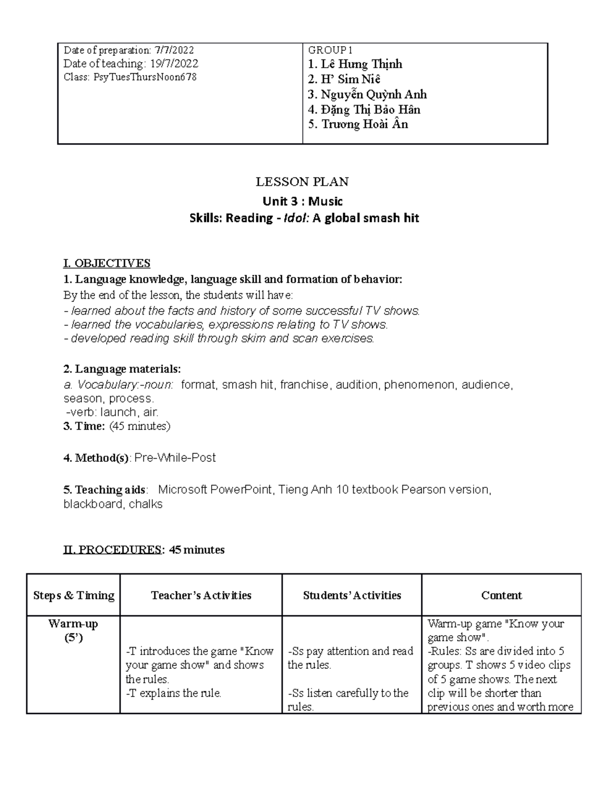 Lesson plan Reading Unit 3 Wednesday 4-5-2022 - Date of preparation: 7 ...